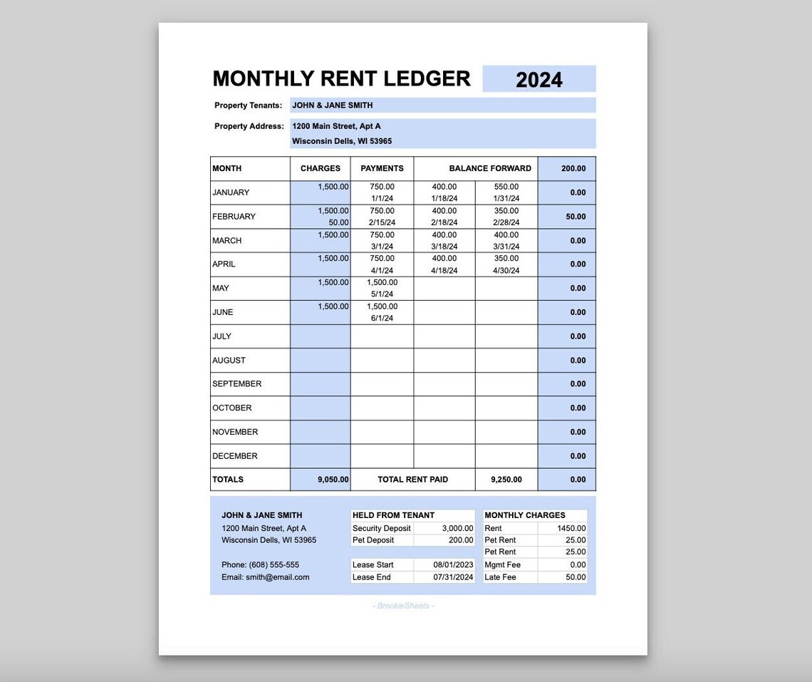 Monthly Rent Payment Ledger Template Landlord Rental Spreadsheet by ...