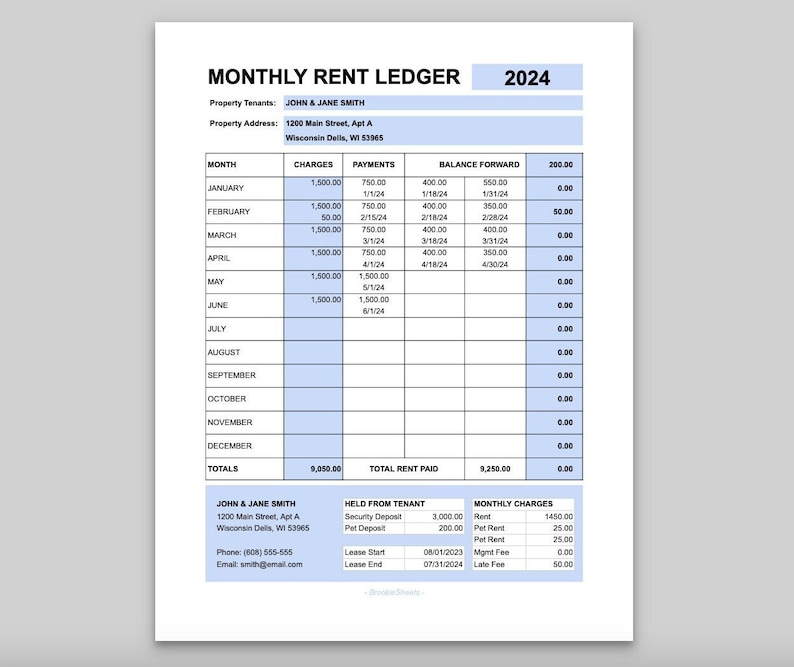 Monthly Rent Payment Ledger Template Landlord Rental Spreadsheet by ...