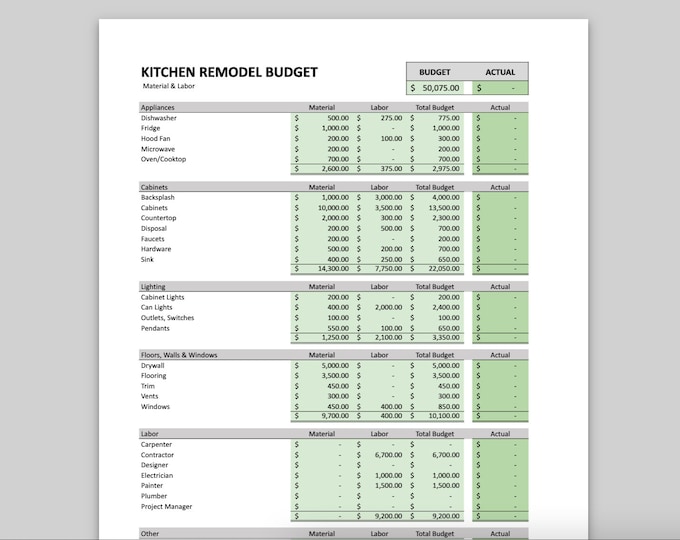 Kitchen Remodel Budget Spreadsheet Contractor Estimate Home Renovation ...