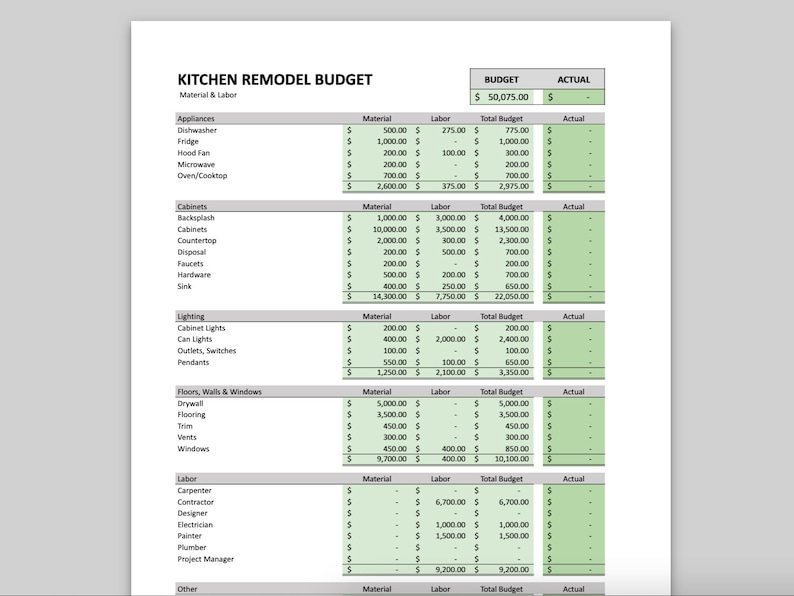 Kitchen Remodel Budget Spreadsheet Contractor Estimate Home Renovation ...