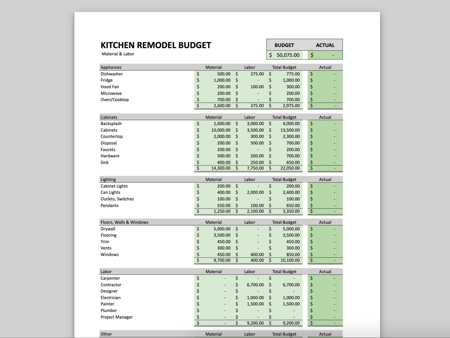 Kitchen Remodel Budget Spreadsheet Contractor Estimate Home Renovation ...