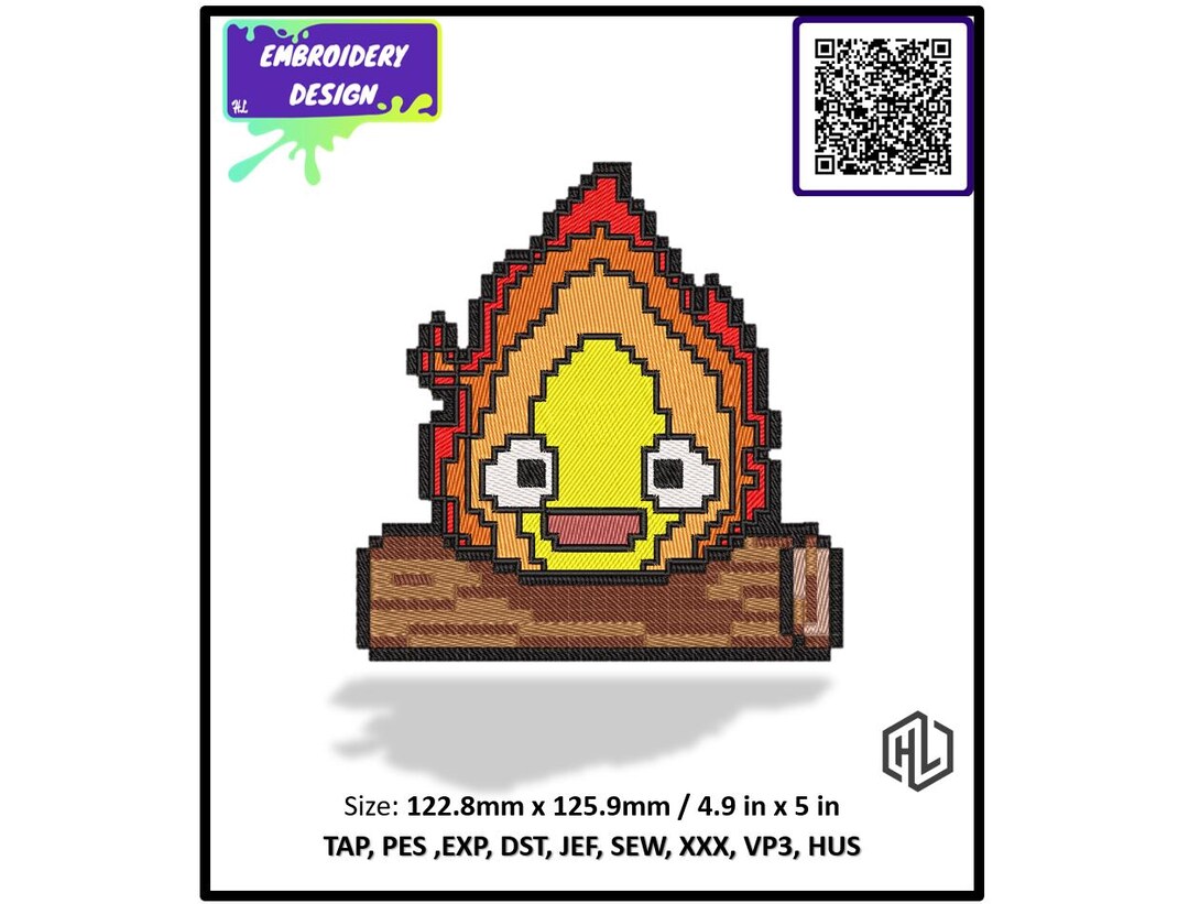 Calcifer Pixel Art Embroidery Design, Howl's Moving Castle, Anime ...