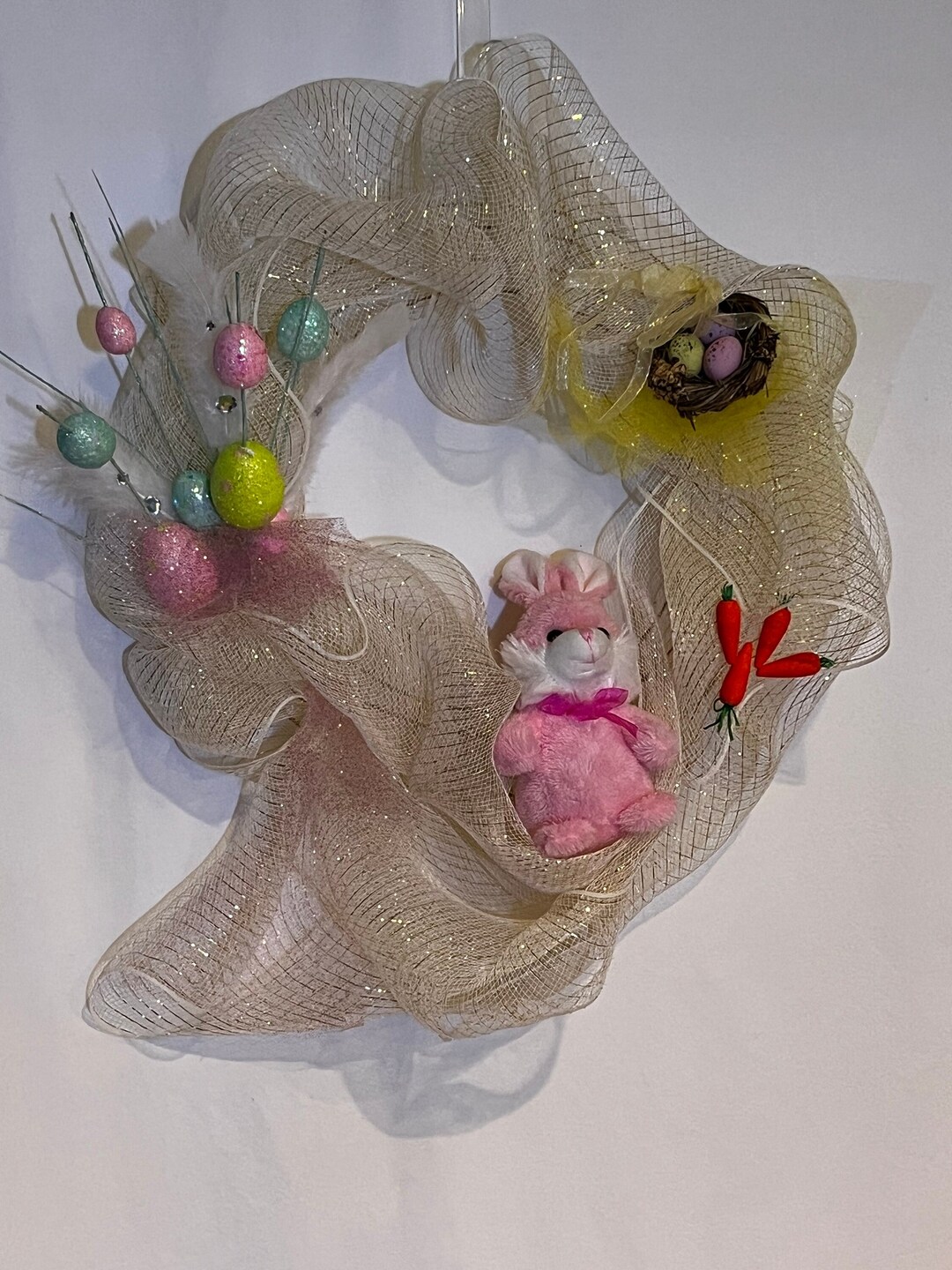 Easter Wreath White Gold Deco Mesh With Flocked Trim, Easter Bunny ...