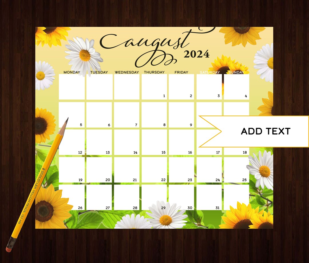 August 2024 Cute Printable Fillable Digital Download Monthly Calendar ...