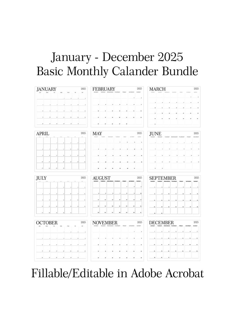 Fillable Minimalist 2025 Monthly Basic Calendars January 2025 december ...