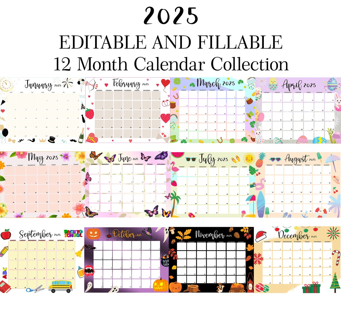 EDITABLE/FILLABLE January December 2025 Twelve Month Calendar Bundle ...
