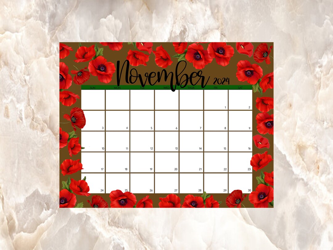 FILLABLE November 2024 Cute Poppy/remembrance Day Printable Fillable ...