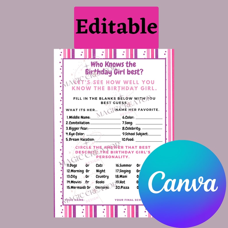 Editable Who Knows the Birthday Girl Best? Game - Etsy