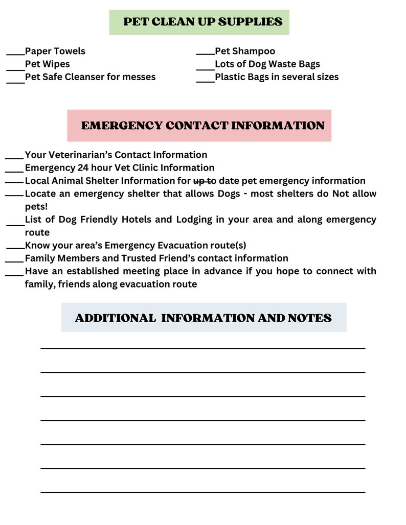 Emergency Planner Preparedness Checklist for Dogs Pet Safety Emergency ...