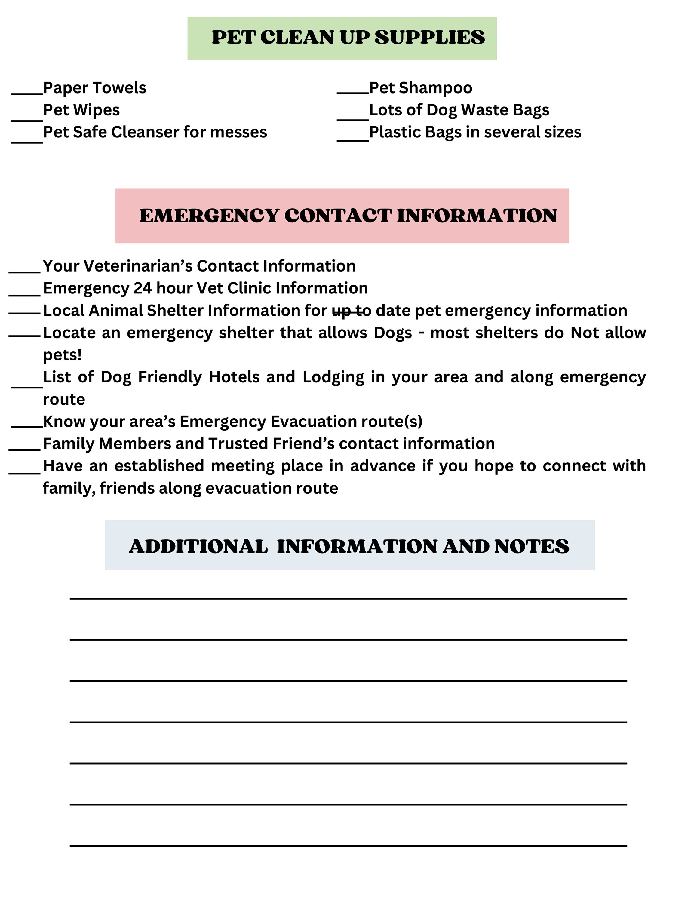 Emergency Planner Preparedness Checklist for Dogs, Pet Safety Emergency ...