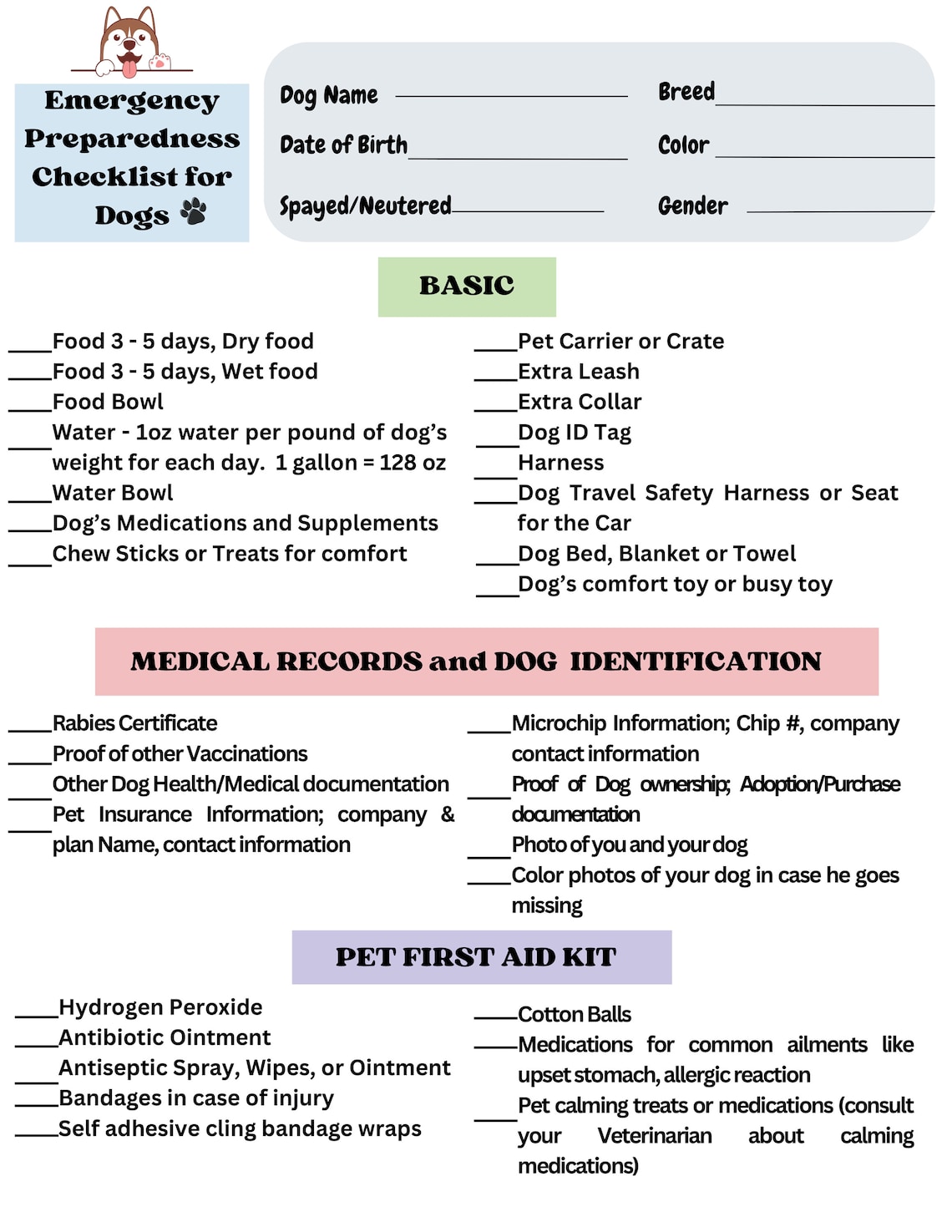 Emergency Planner Preparedness Checklist for Dogs, Pet Safety Emergency ...