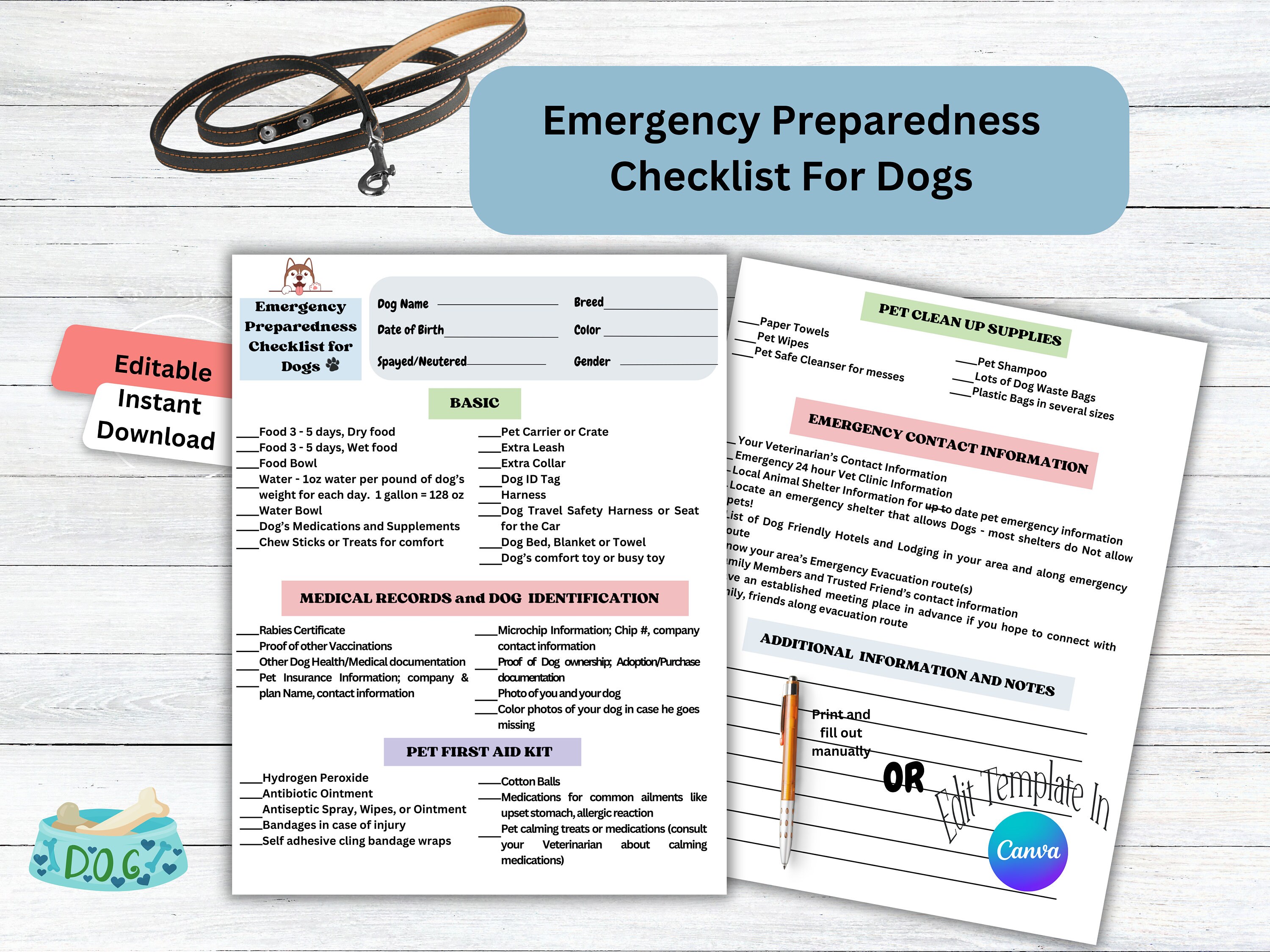 Emergency Planner Preparedness Checklist for Dogs, Pet Safety Emergency ...