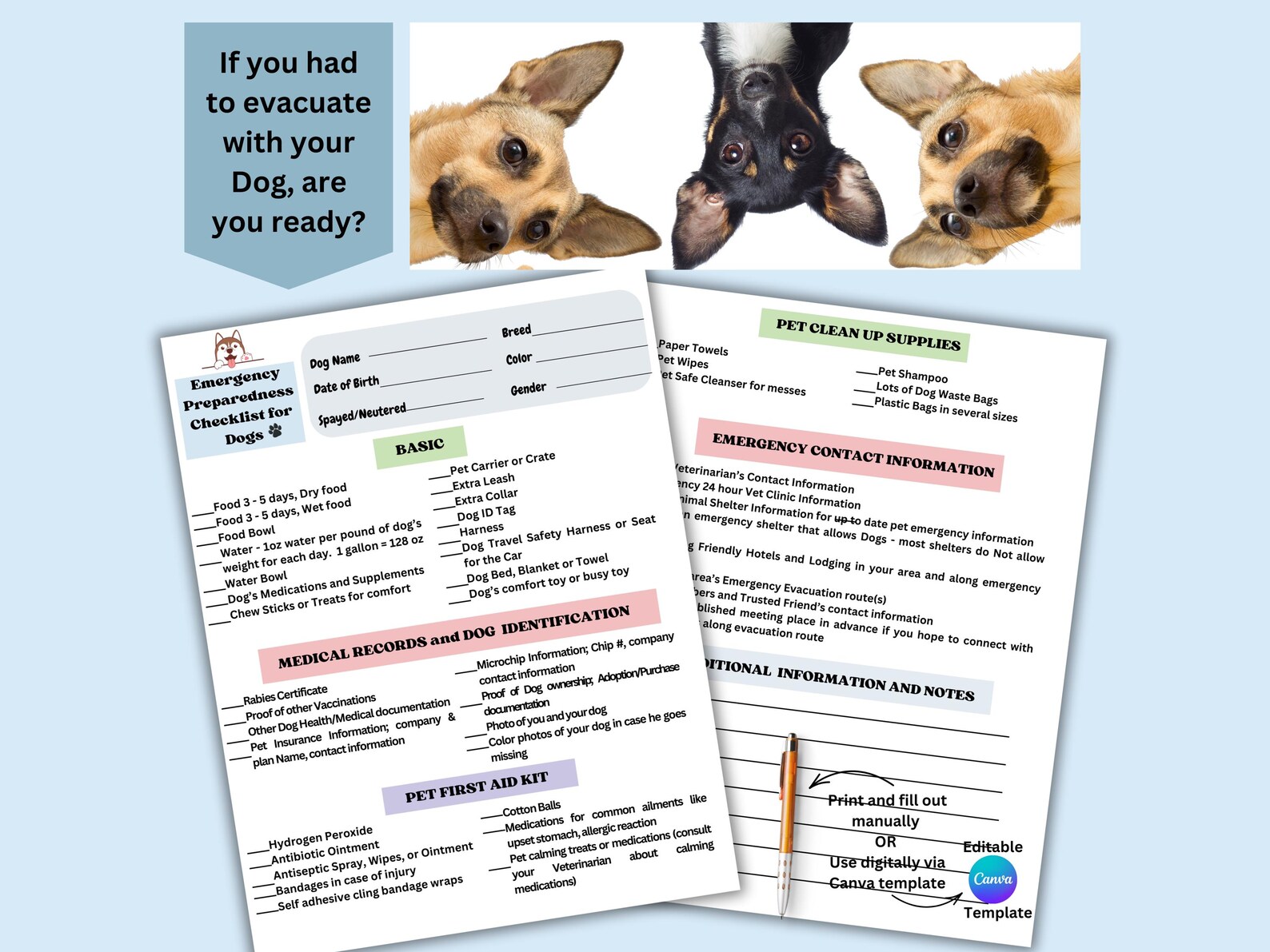 Emergency Planner Preparedness Checklist for Dogs Pet Safety Emergency ...