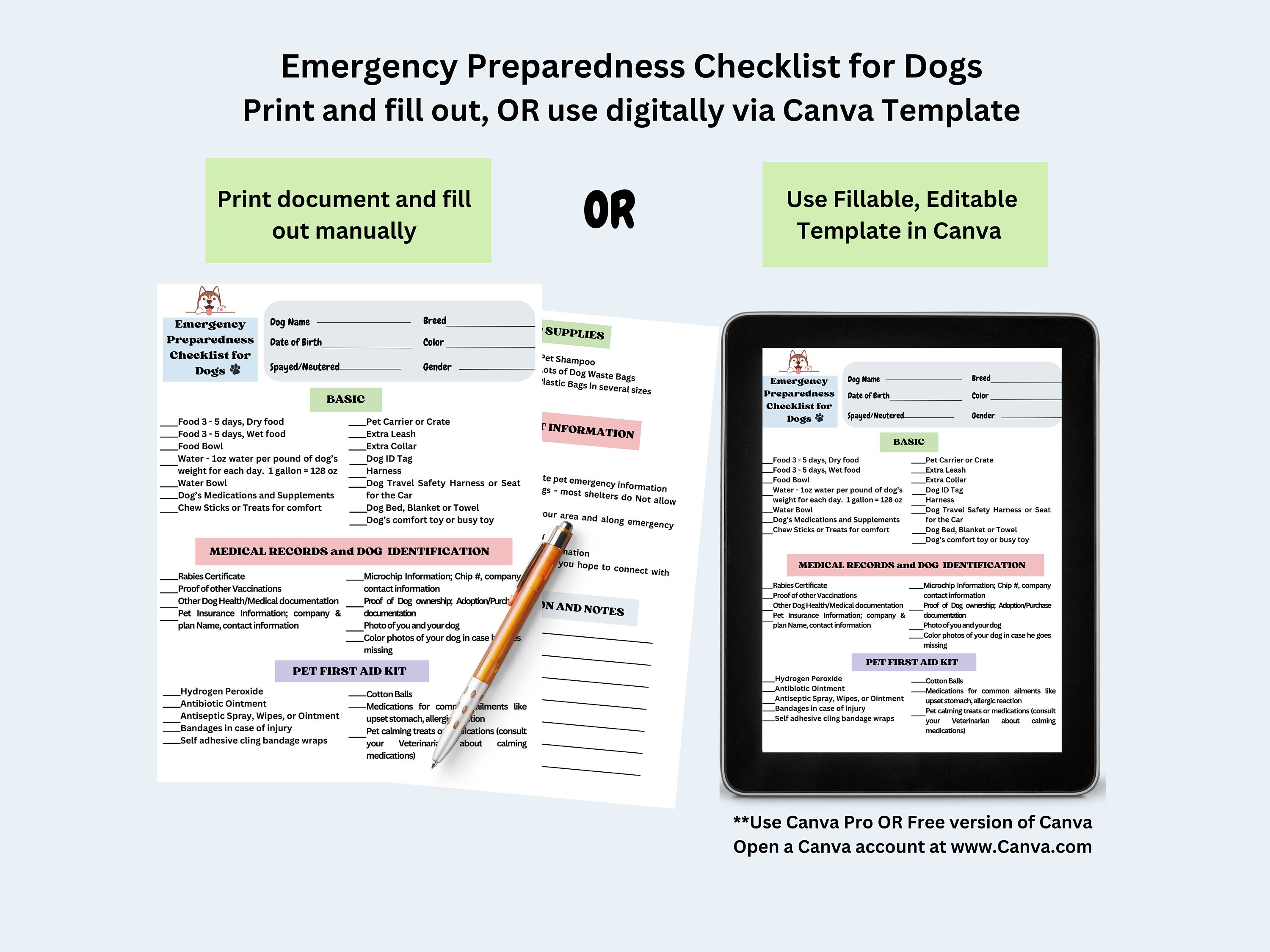 Emergency Planner Preparedness Checklist for Dogs, Pet Safety Emergency ...