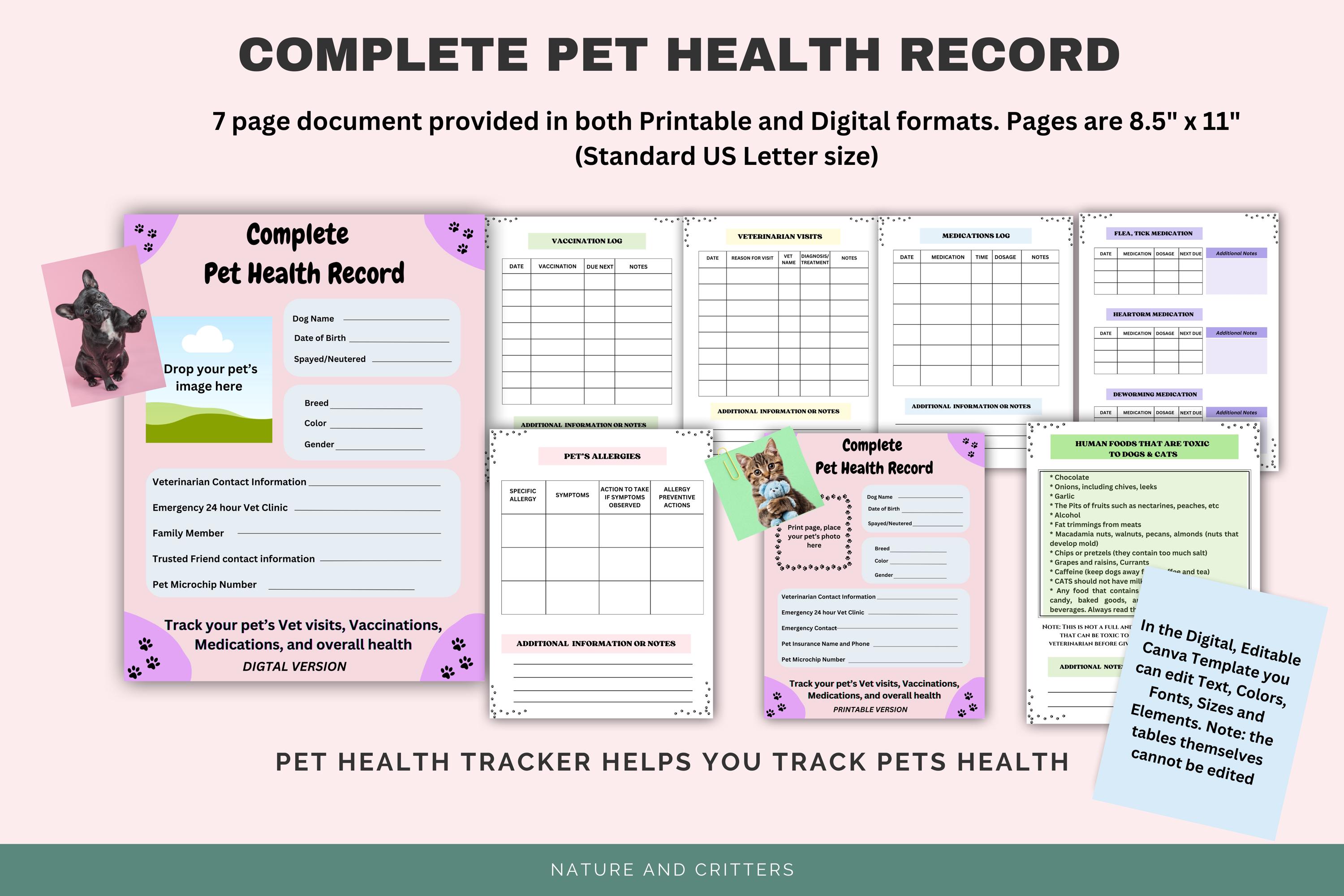 Pet Health Record for Pet Owners Pet Medical Record Pet Care Planner ...