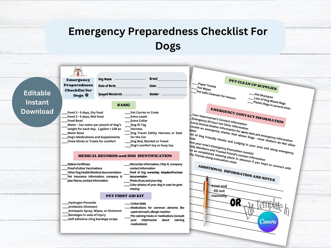 Emergency Planner Preparedness Checklist for Dogs Pet Safety Emergency ...