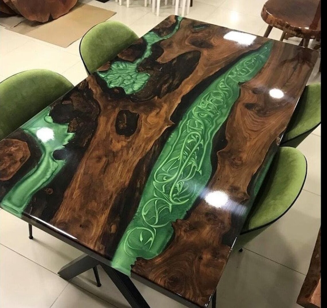 Green Epoxy Resin Dining Room Table, Personalized Home Decor, Mid ...