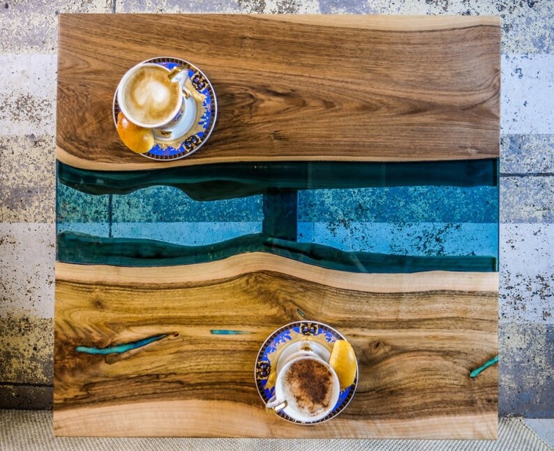 Blue Square Shape Epoxy Resin Coffee Table, Mid Century Modern ...