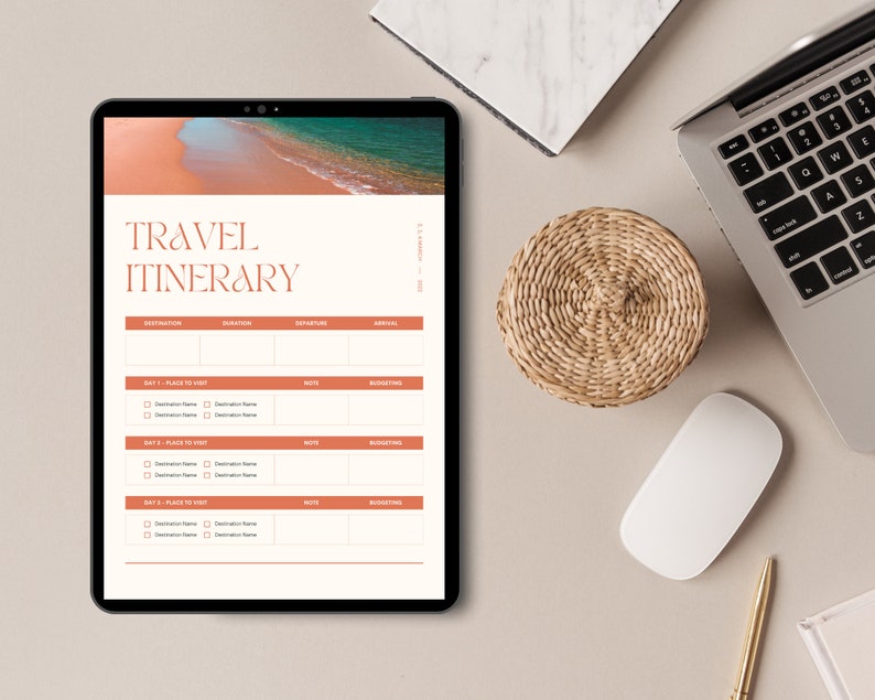 Travel Itinerary Template, Tablet & Mobile Itinerary, Aesthetic Travel ...