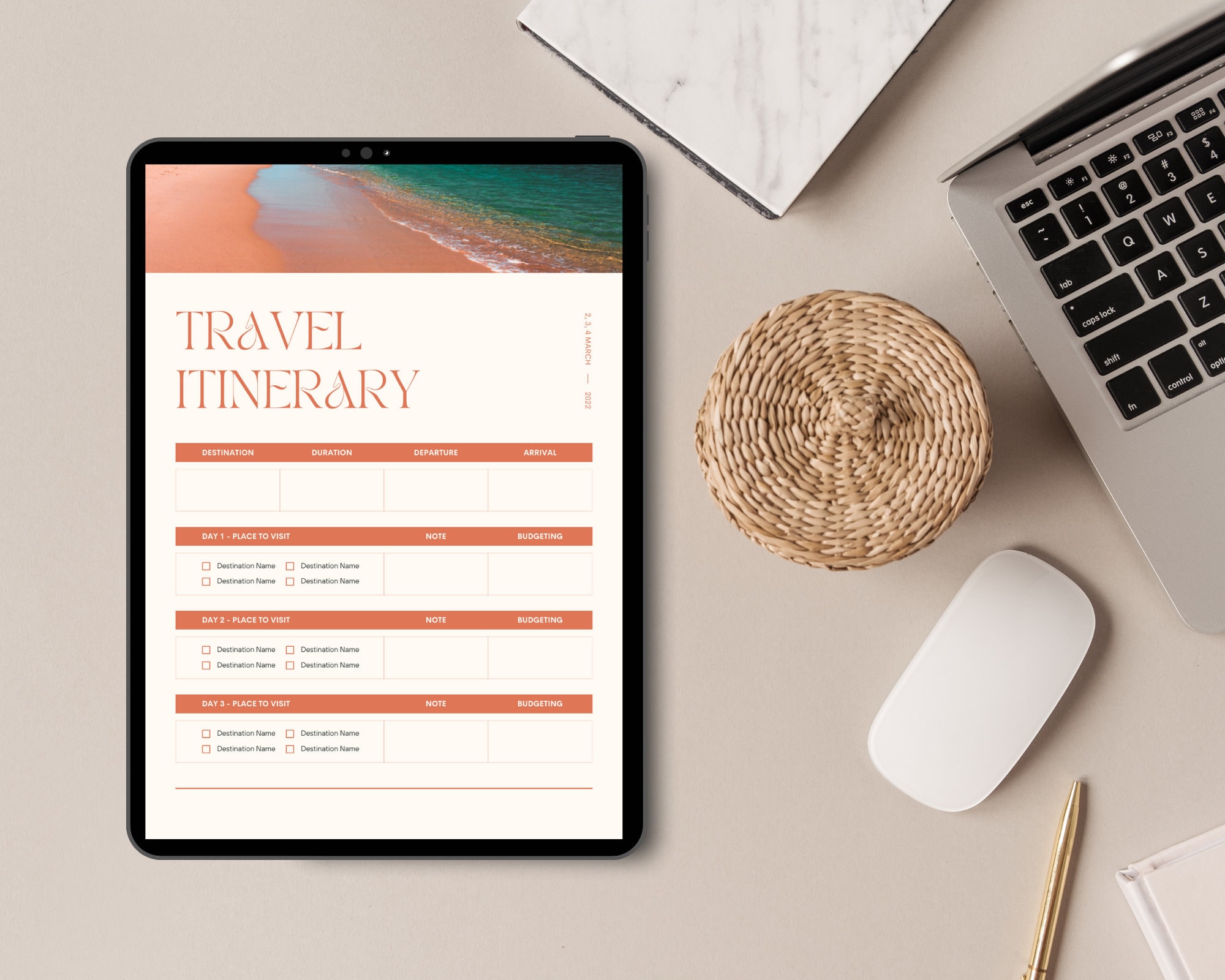 Travel Itinerary Template, Tablet & Mobile Itinerary, Aesthetic Travel ...