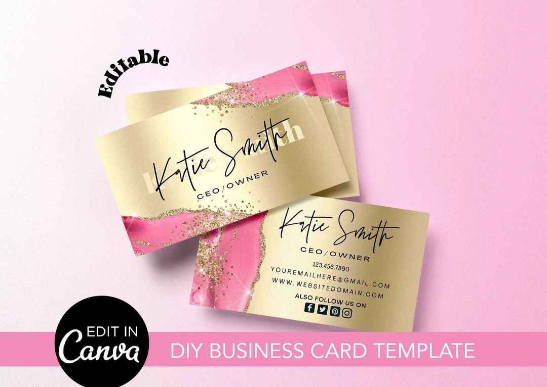 Editable Pink Gold Business Card Canva Template - Etsy