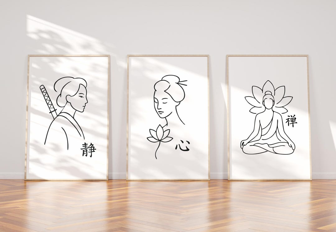 Zen Line Art Print Set of 3 – Samurai Wall Art, Japandi Calligraphy ...