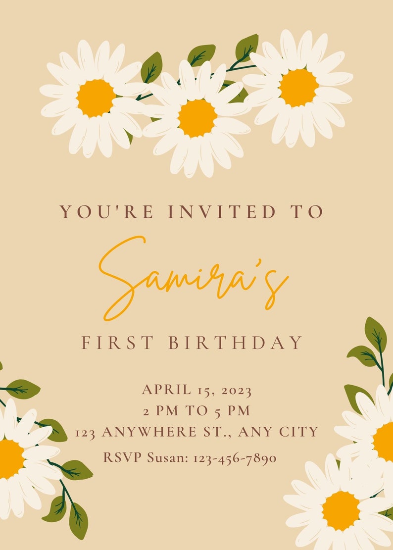 Printable Daisy Invitation, 1st Birthday Invitation, Floral Invitation ...