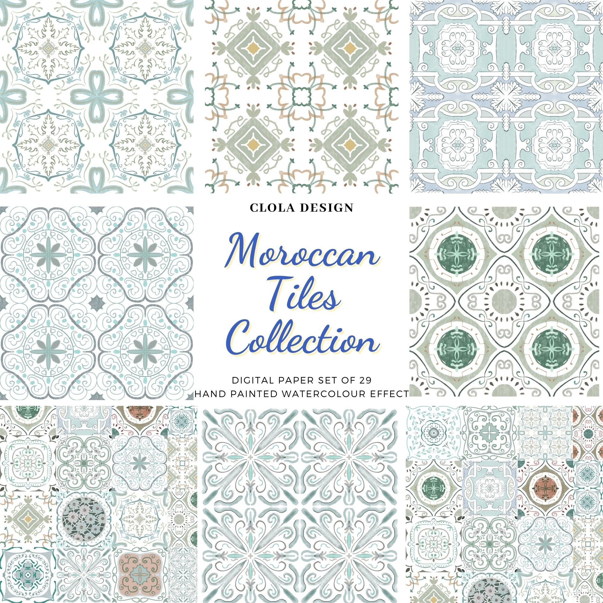 Portuguese Tiles Digital Paper, Moroccan Digital Paper, " Green Tiles" Mosaic Patterns, Mosaic ...