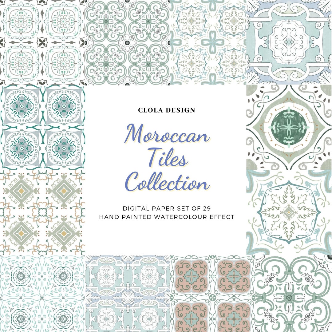 Portuguese Tiles Digital Paper, Moroccan Digital Paper, " Green Tiles" Mosaic Patterns, Mosaic ...