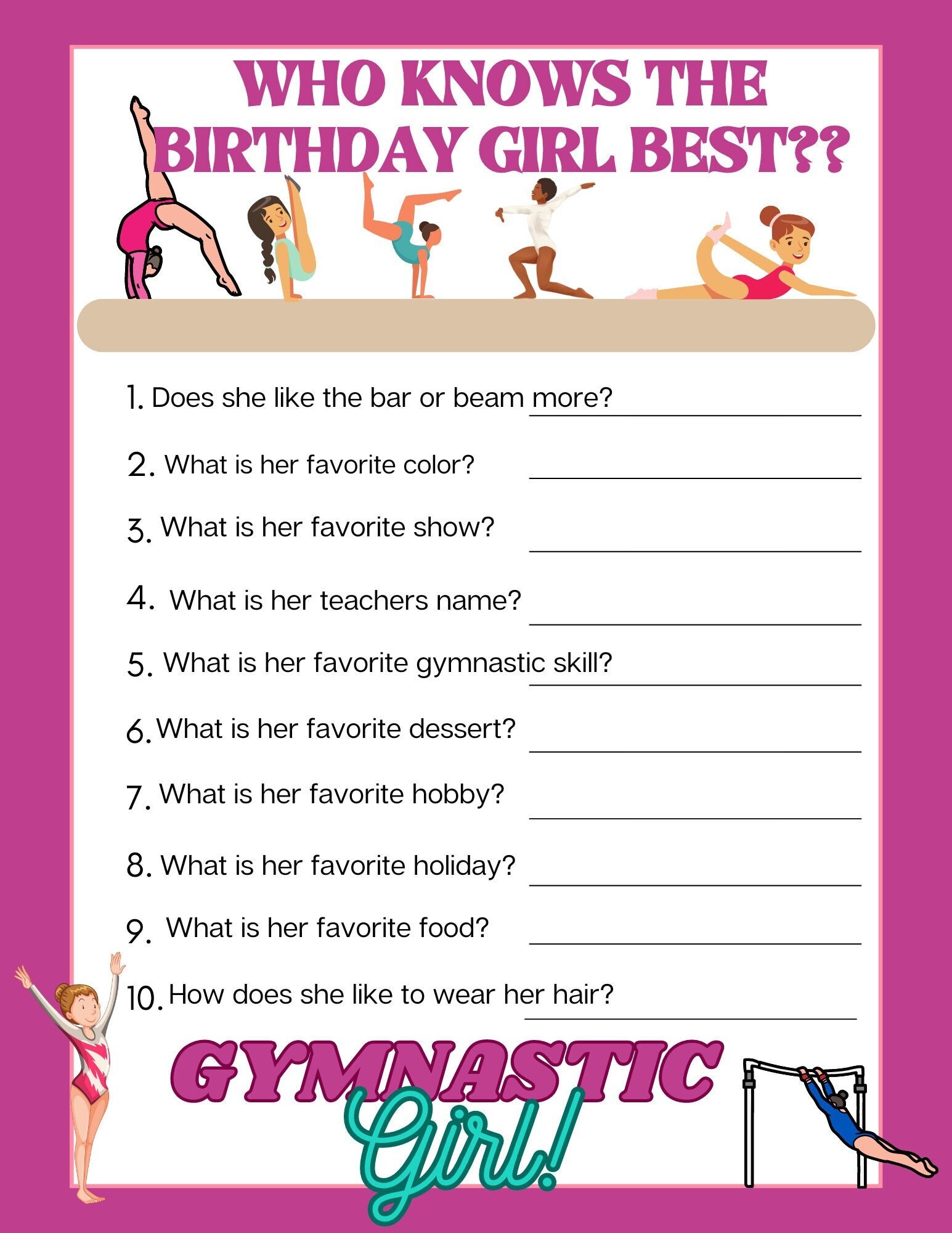 Gymnastic Birthday Party Game, Birthday Party Game, Gymnastics Party ...