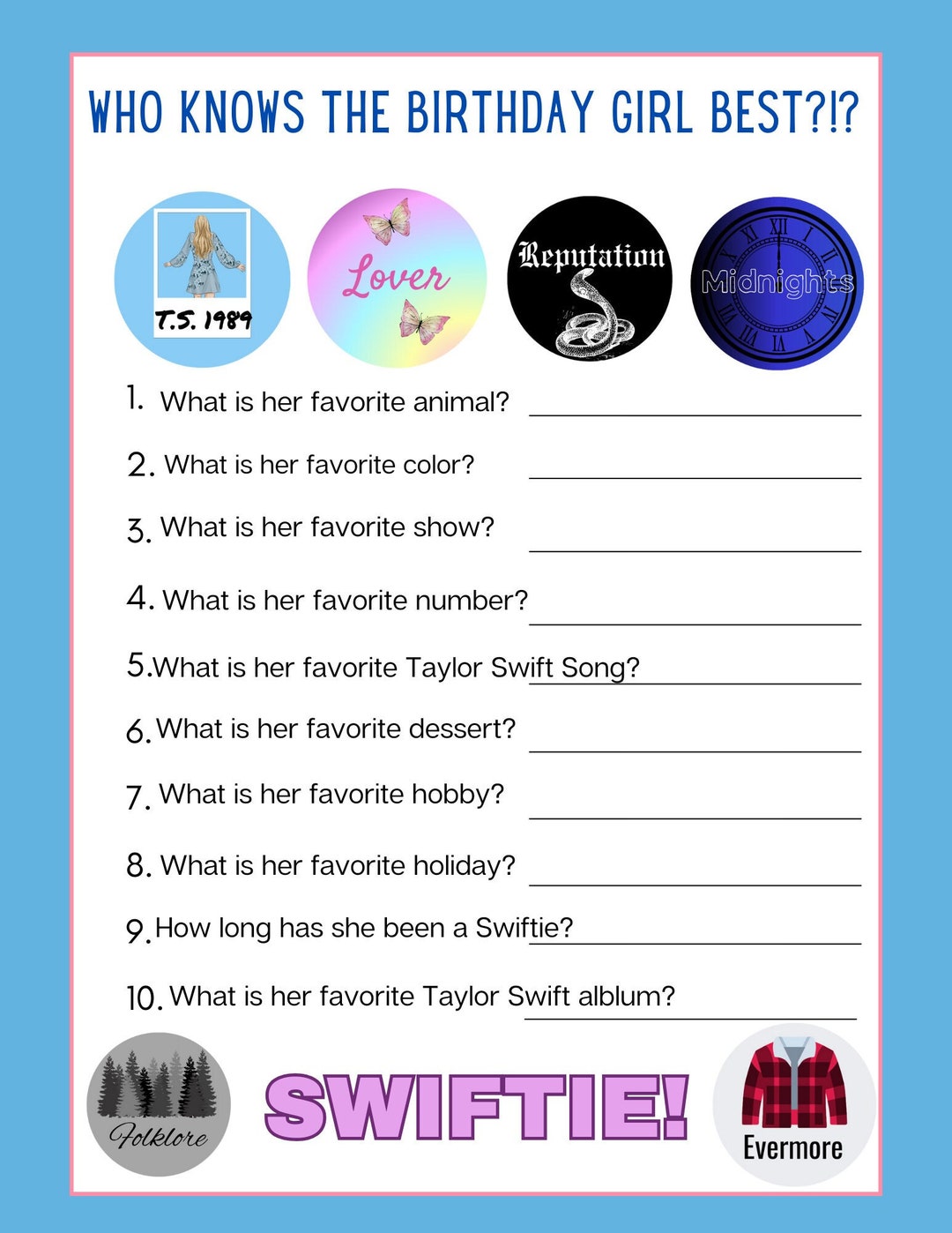 Taylor Swift Birthday Game, Taylor Swift Game, Birthday Game, Eras Tour ...