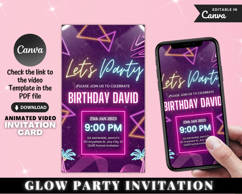 Neon Light Birthday Invitation, Editable Neon Party Invitation, Neon ...