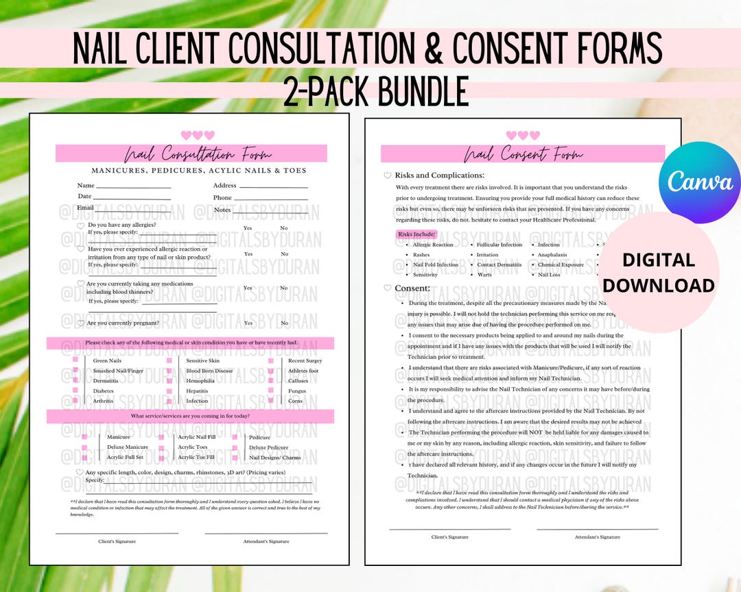 Editable Nail Tech Forms, Client Consent Forms, Set of 2 Editable ...