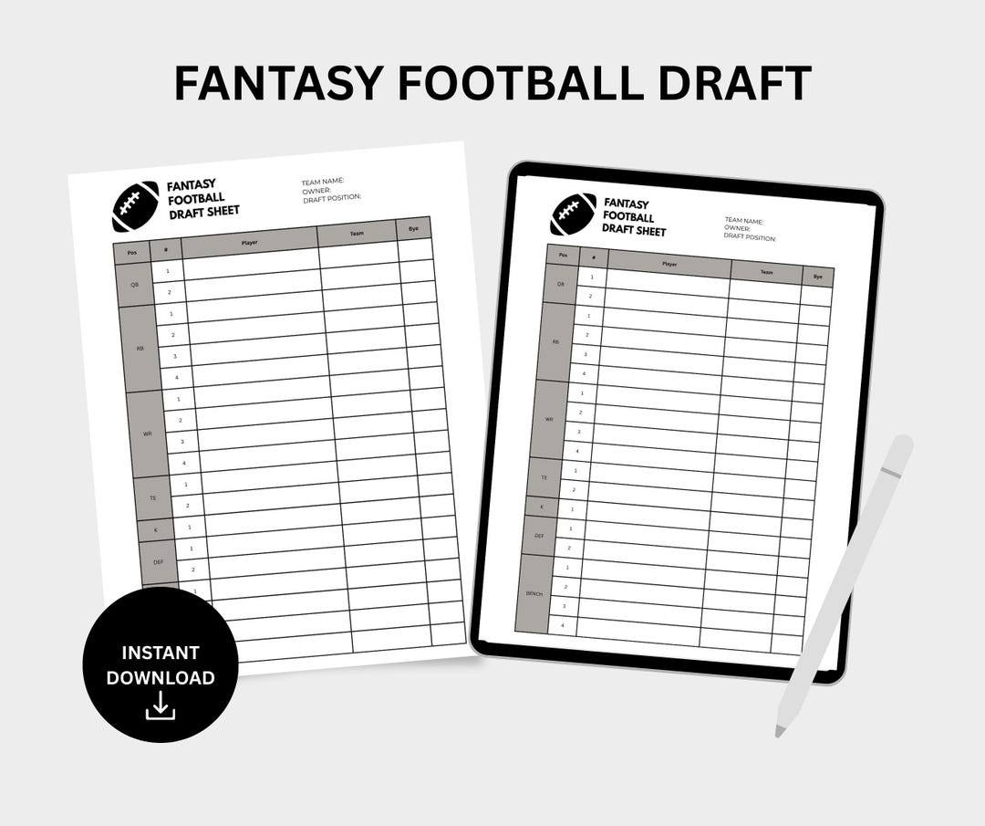 Fantasy Football Draft Sheet: Printable Interactive PDF Template for ...