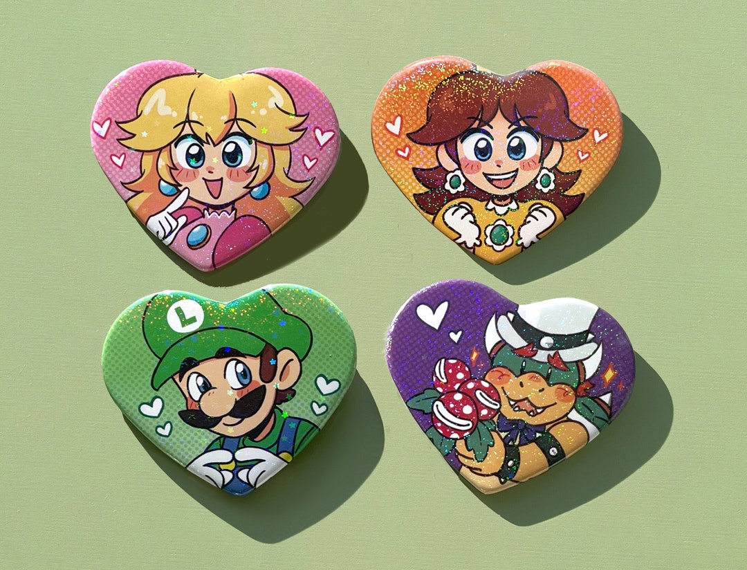 Mario Heart Pin Buttons : Princess Peach / Daisy / Luigi / Bowser - Etsy