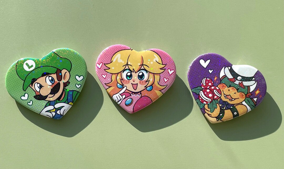 Mario Heart Pin Buttons : Princess Peach / Bowser / Luigi - Etsy