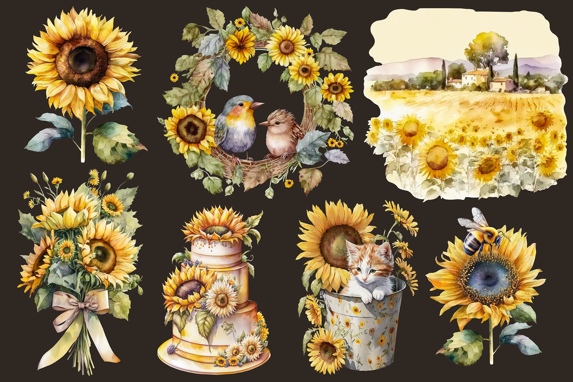Sunflower Clipart, Sunflowers PNG, Rustic Flowers Watercolor Clipart ...