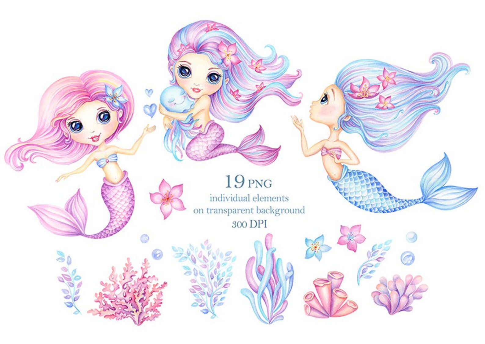 Mermaid Clipart, Cute Mermaid PNG, Little Mermaids Watercolor Clipart ...