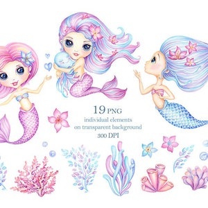 Mermaid Clipart, Cute Mermaid PNG, Little Mermaids Watercolor Clipart ...