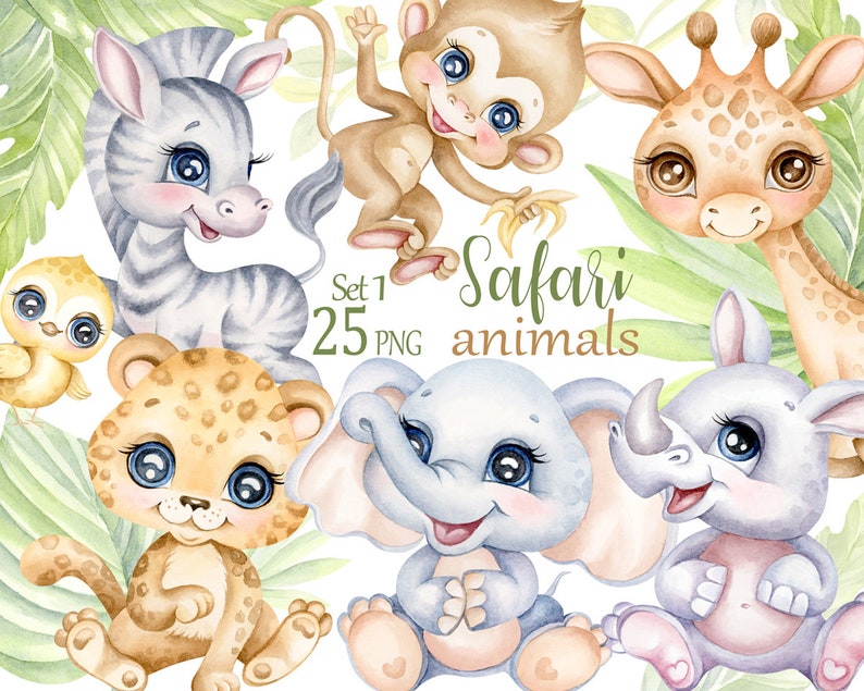 Safari Animals Watercolor Clipart, Cute Jungle Baby Animals Clipart ...