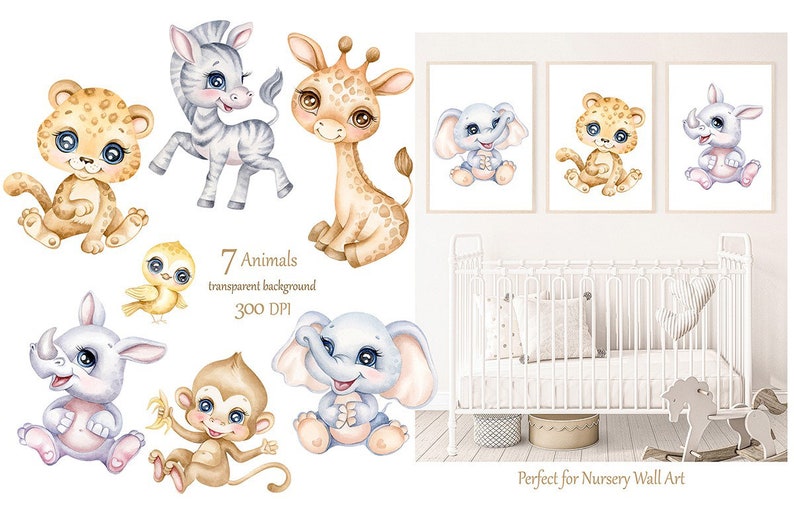 Safari Animals Watercolor Clipart, Cute Jungle Baby Animals Clipart ...