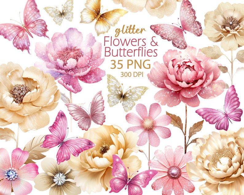 Glitter Flowers Clipart Glitter Butterfly Clip Art Pink Gold - Etsy UK