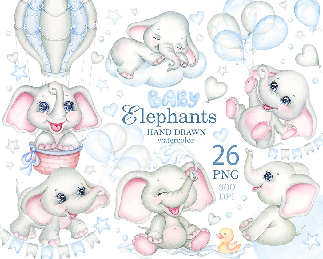 Cute Baby Elephant Watercolor Clipart, Elephant PNG, Elephant Baby ...