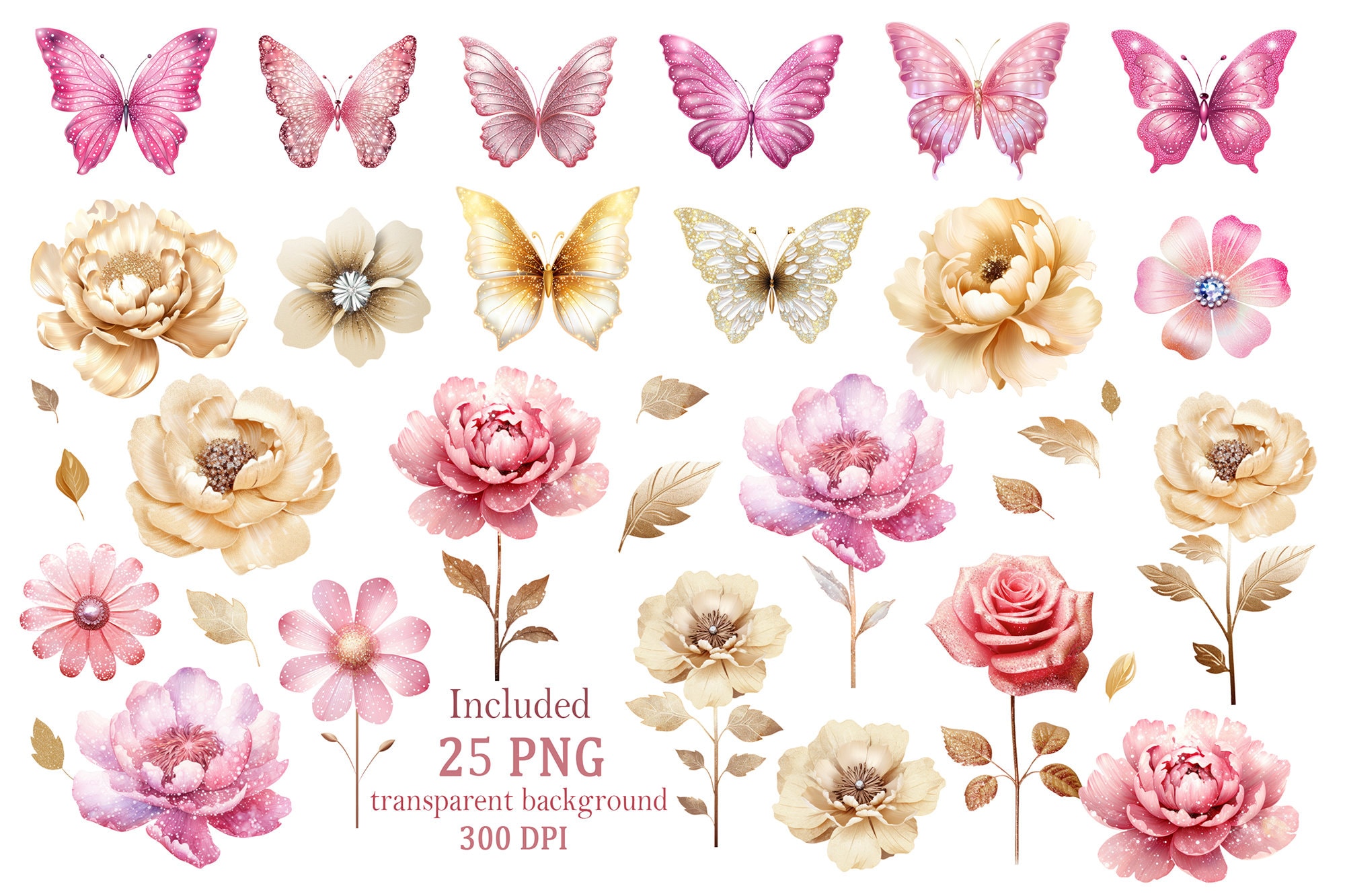 Glitter Flowers Clipart, Glitter Butterfly Clip Art, Pink Gold Glitter ...