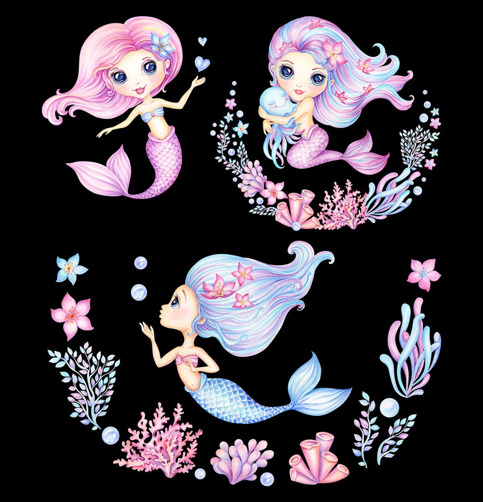 Mermaid Clipart, Cute Mermaid PNG, Little Mermaids Watercolor Clipart ...