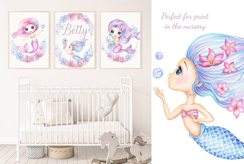 Mermaid Clipart, Cute Mermaid PNG, Little Mermaids Watercolor Clipart ...