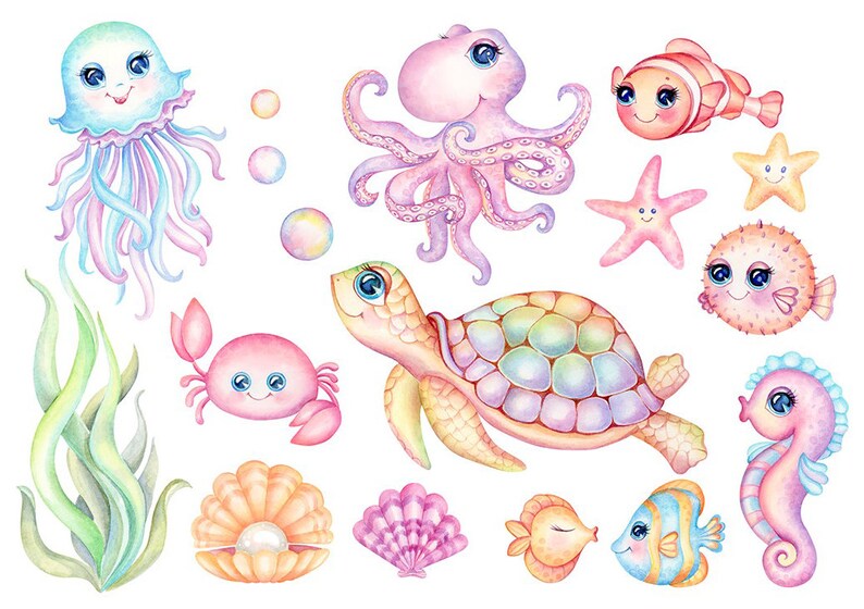 Sea Animal Watercolor Clipart, Under the Sea Creatures PNG, Underwater ...