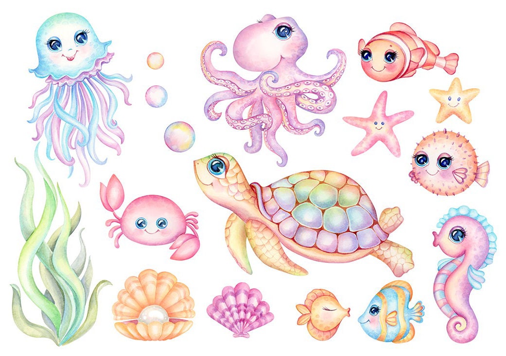 Sea Animal Watercolor Clipart, Under the Sea Creatures PNG, Underwater ...