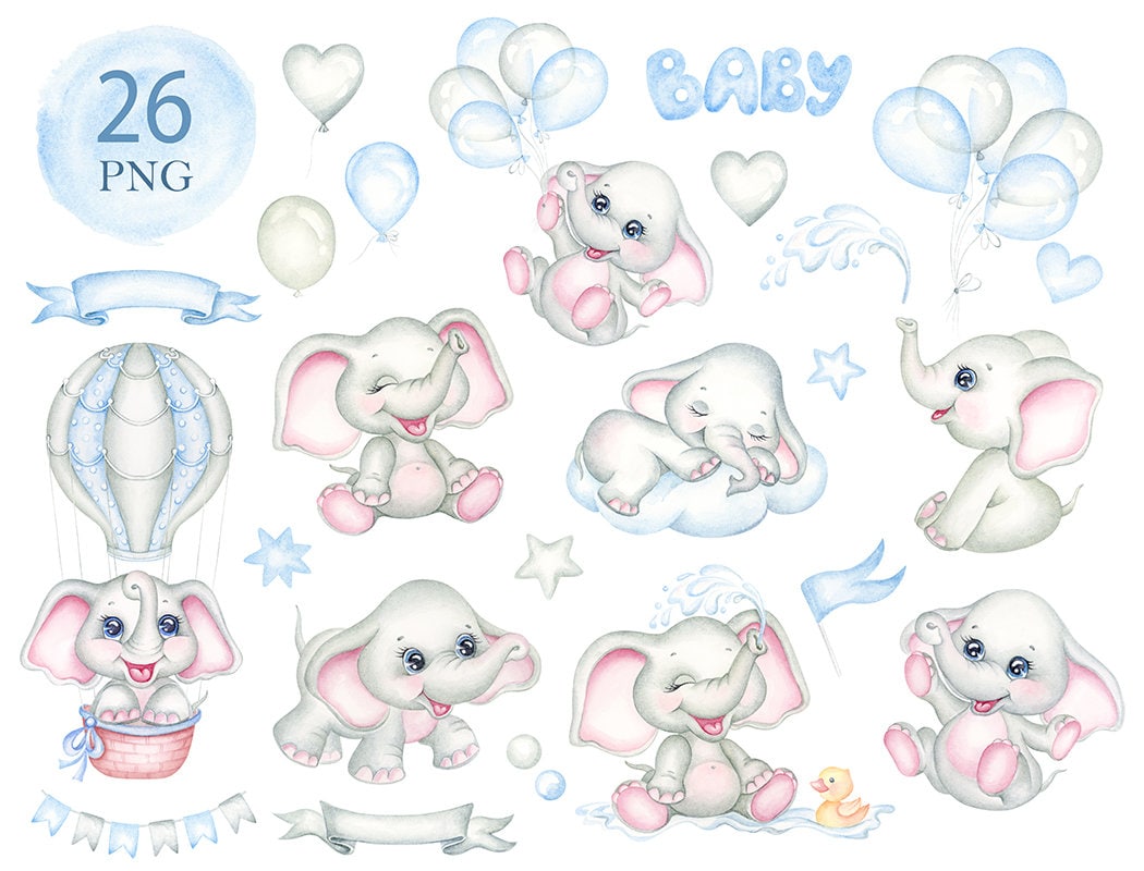Cute Baby Elephant Watercolor Clipart, Elephant PNG, Elephant Baby ...