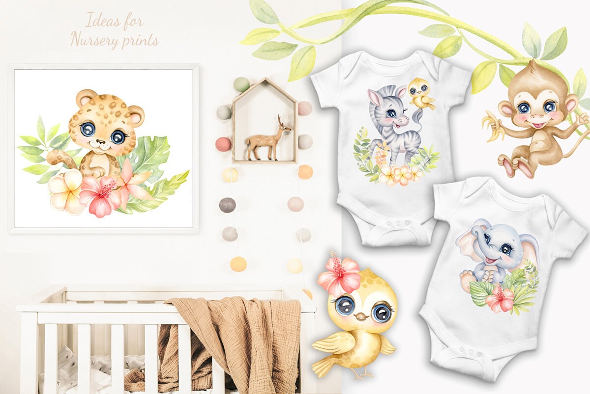 Safari Animals Watercolor Clipart, Cute Jungle Baby Animals Clipart ...